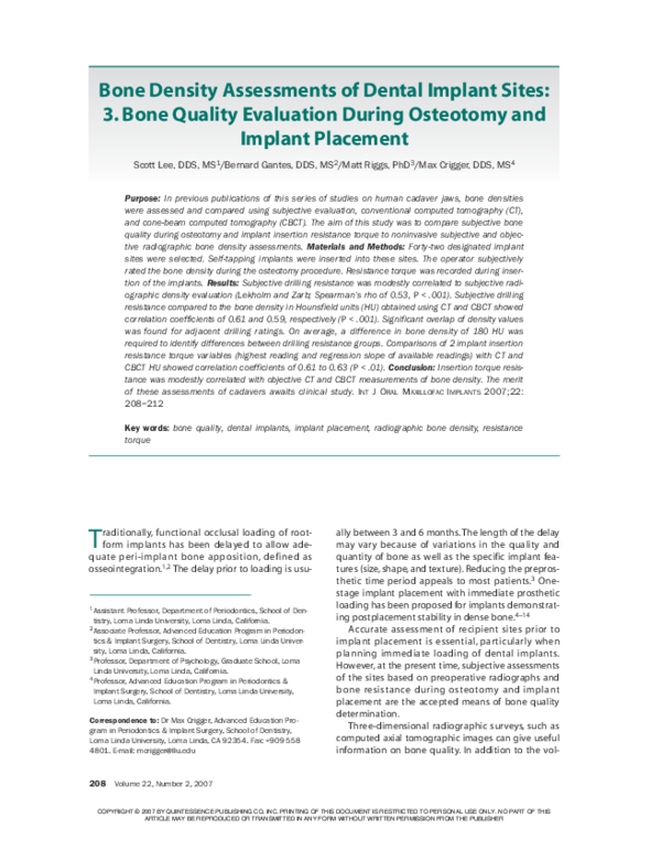 (PDF) Bone density assessments of dental implant sites: 3. Bone quality ...