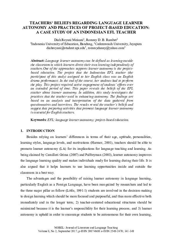 (PDF) Teachers’ Beliefs Regarding Language Learner Autonomy and Practices of Project-Based ...