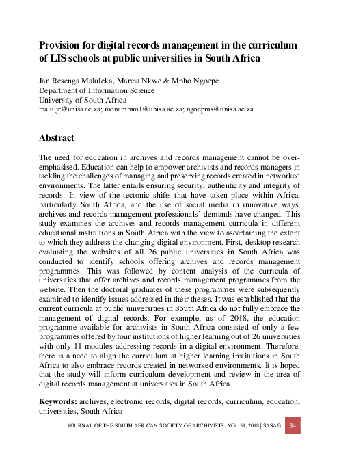 (PDF) Provision for digital records management in the curriculum of LIS ...