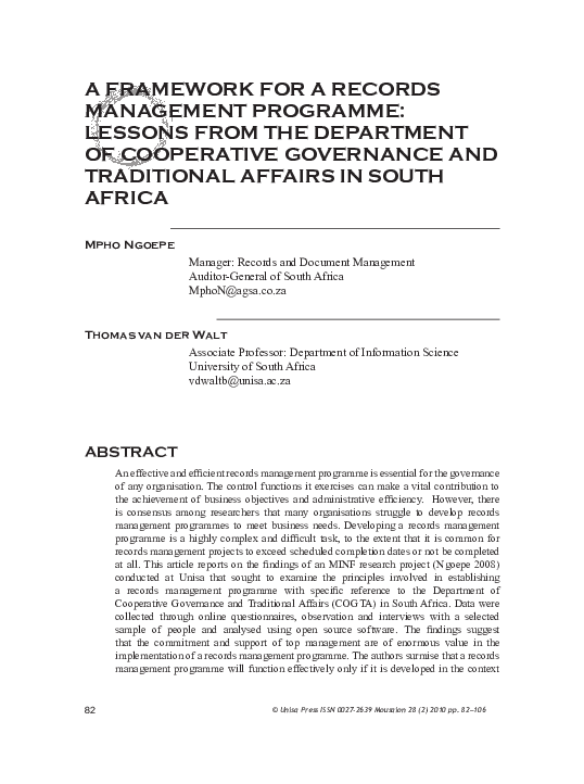 (PDF) A framework for a records management programme: lessons from the ...