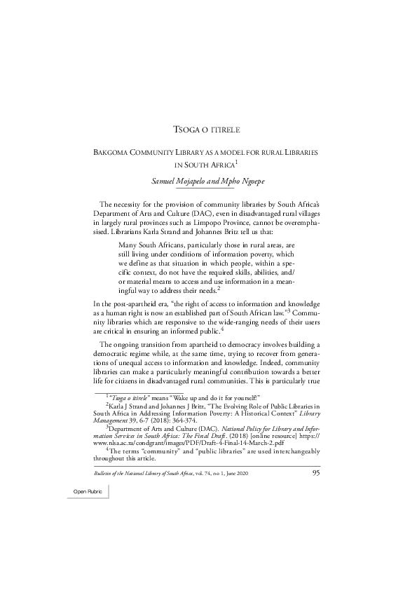 (PDF) Tsoga O Itirele Bakgoma Community library as a model for rural ...
