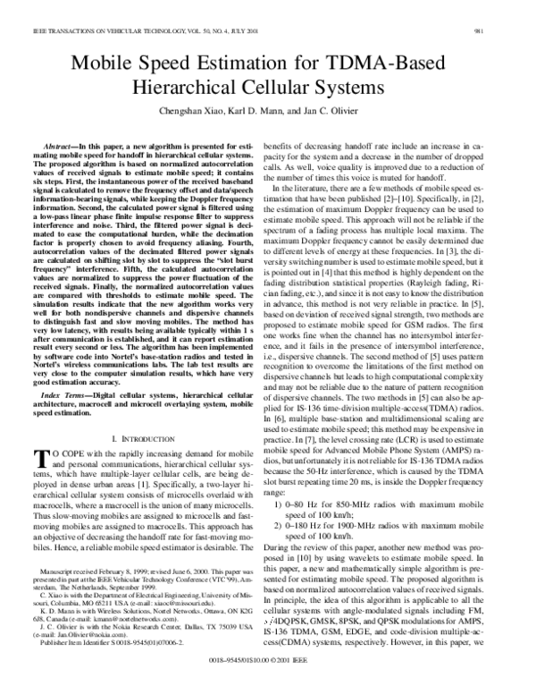(PDF) Mobile speed estimation for TDMA-based hierarchical cellular systems