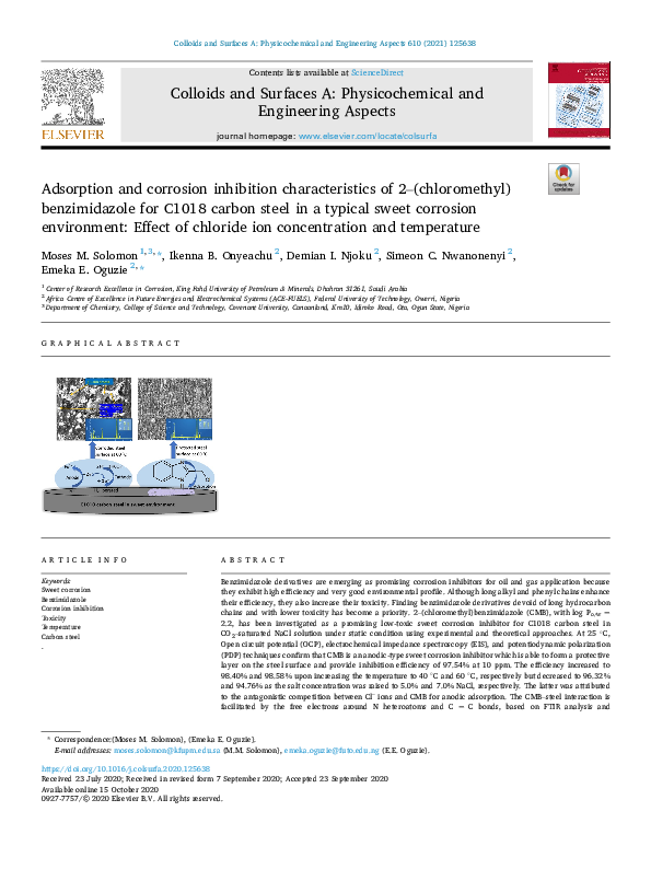 (PDF) Adsorption and corrosion inhibition characteristics of 2-(chloromethyl) benzimidazole for ...
