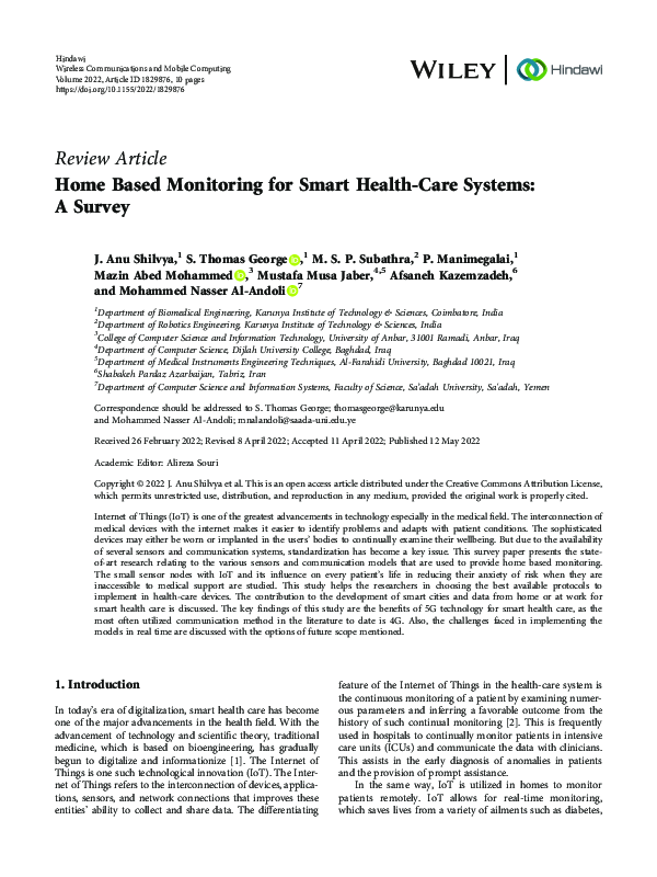 (PDF) Home Based Monitoring for Smart Health-Care Systems: A Survey