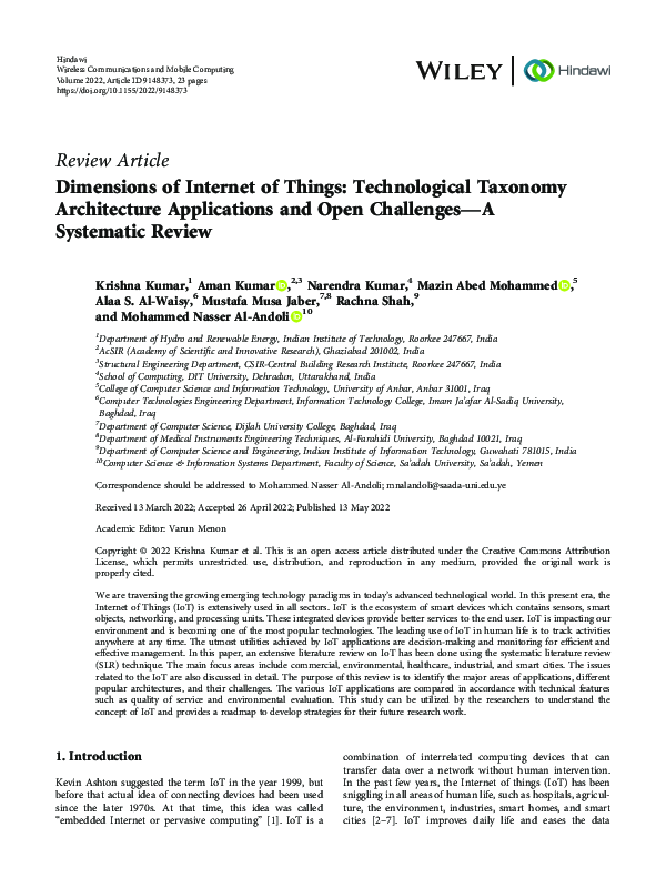 (PDF) Dimensions of Internet of Things: Technological Taxonomy Architecture Applications and ...