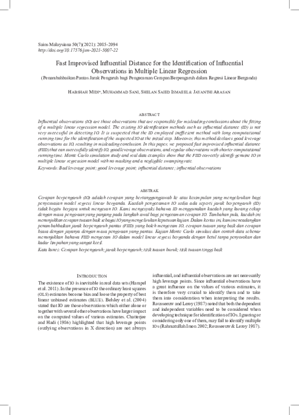 (PDF) Fast Improvised Influential Distance in Linear Regression