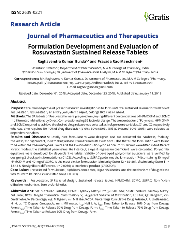 Formulation Development and Evaluation of Rosuvastatin Sustained Release Tablets