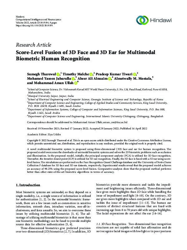 Pdf Score Level Fusion Of 3d Face And 3d Ear For Multimodal Biometric