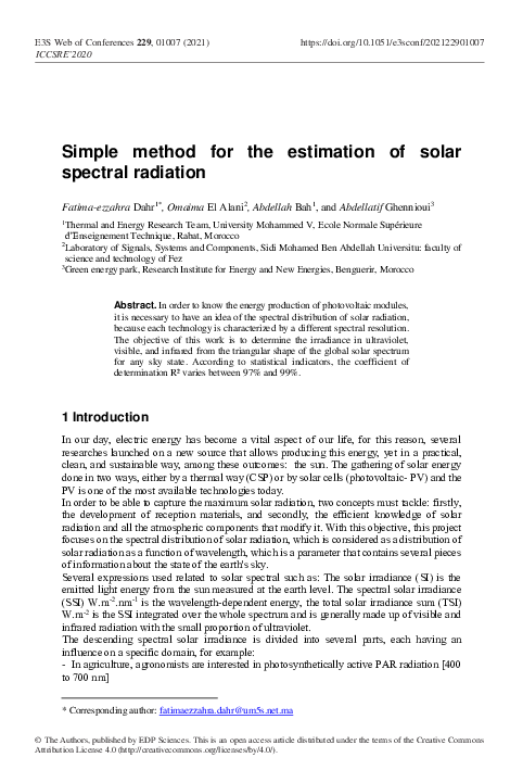 Pdf Simple Method For The Estimation Of Solar Spectral Radiation