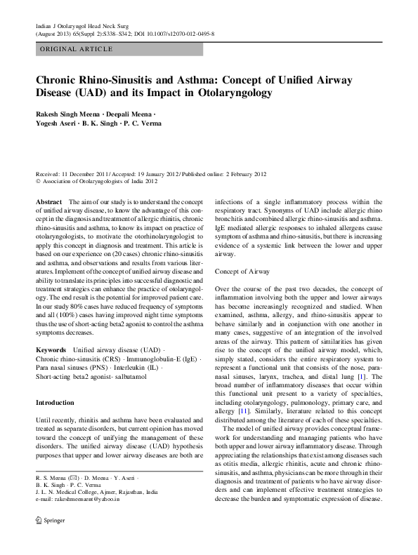 (PDF) Chronic Rhino-Sinusitis and Asthma: Concept of Unified Airway ...