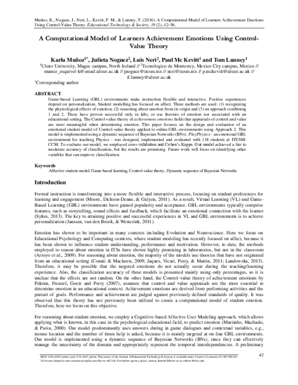 Pdf A Computational Model Of Learners Achievement Emotions Using