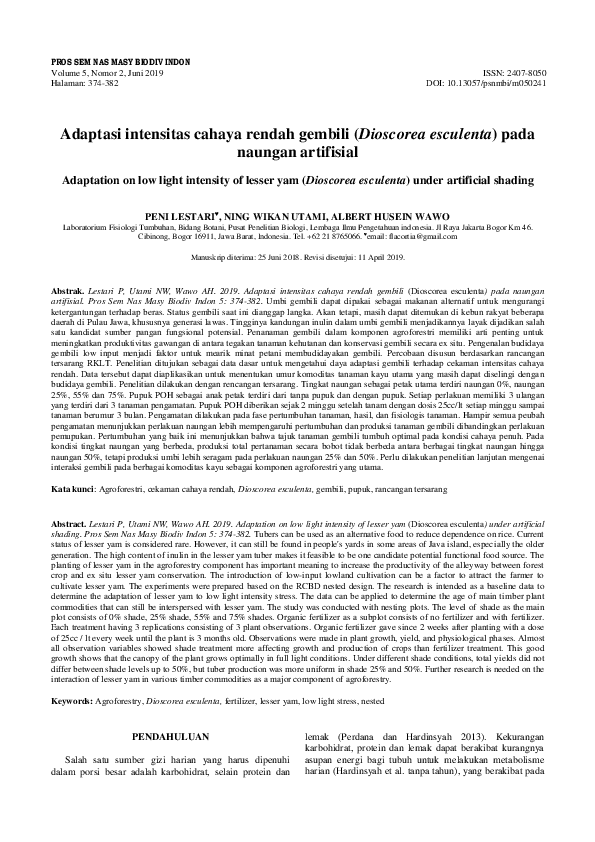(PDF) Adaptation on low light intensity of lesser yam (Dioscorea esculenta) under artificial shading