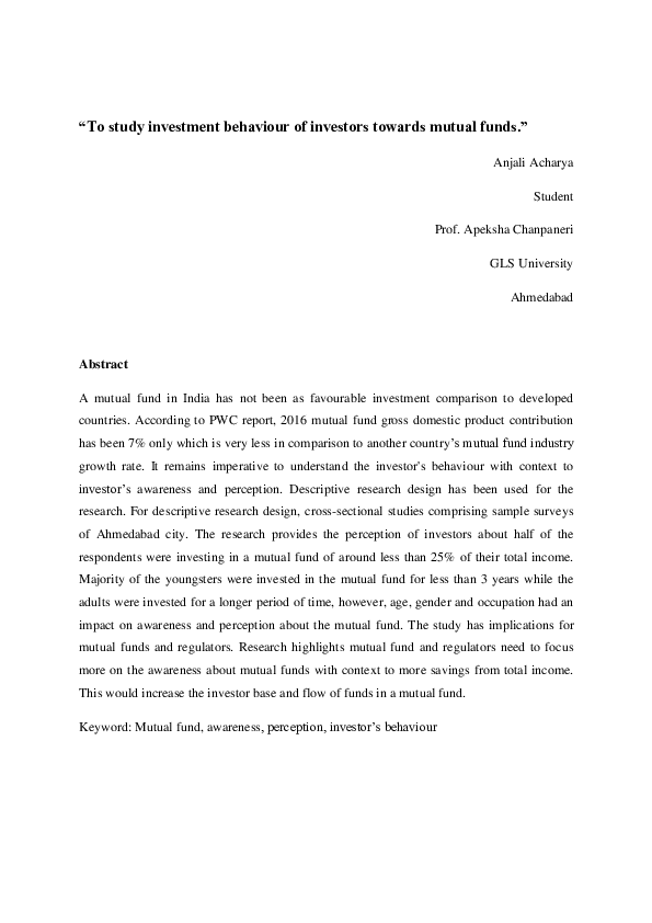 (PDF) "To study investment behaviour of investors towards mutual funds."