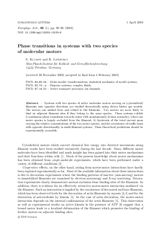 (PDF) Phase transitions in systems with two species of molecular motors
