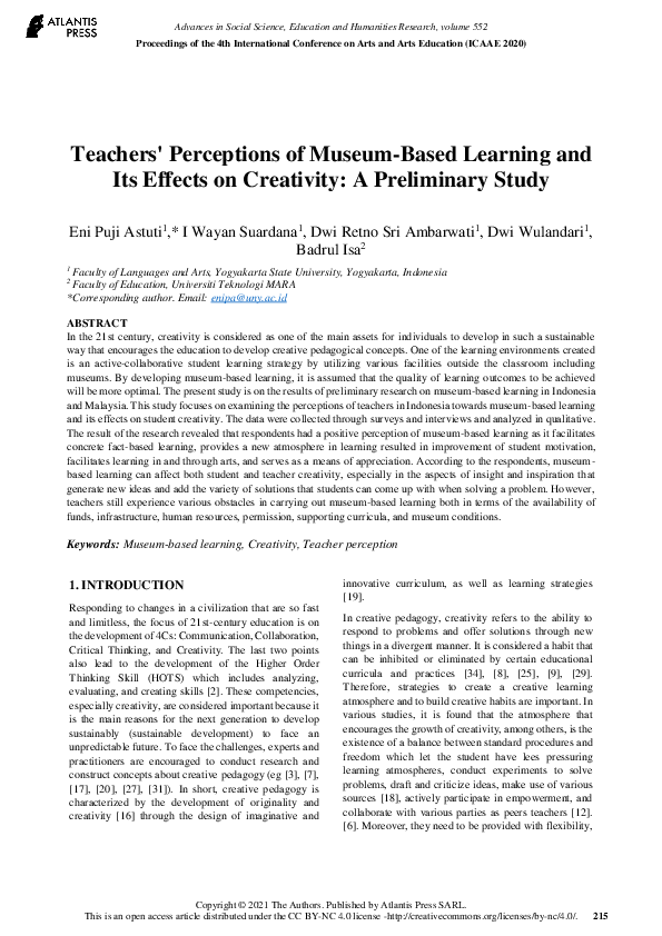 (PDF) Teachers’ Perceptions of Museum-Based Learning and Its Effects on Creativity: A ...