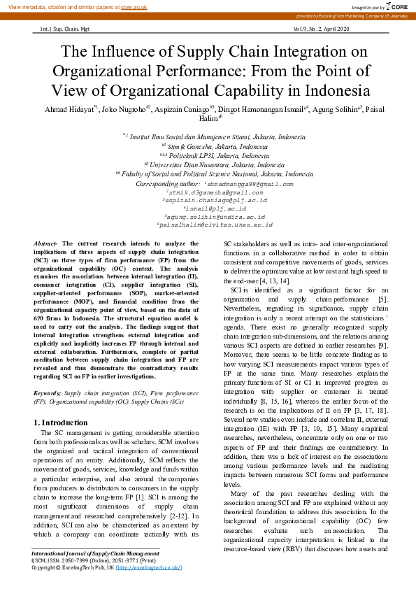 Pdf The Influence Of Supply Chain Integration On Organizational Performance From The Point Of