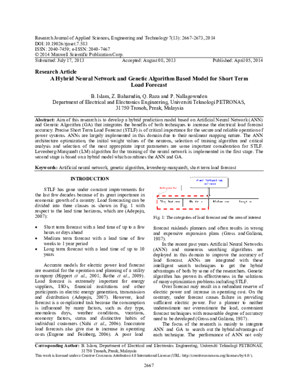 Pdf A Hybrid Neural Network And Genetic Algorithm Based Model For
