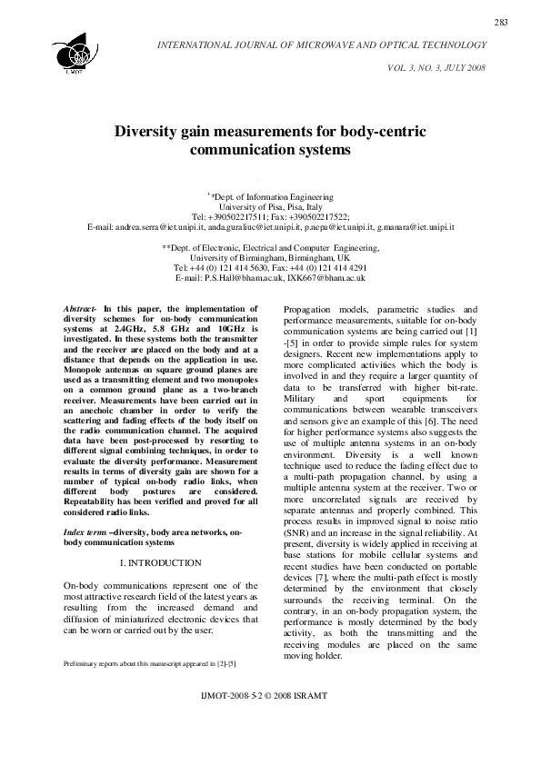 (PDF) Diversity gain measurements for body-centric communication systems