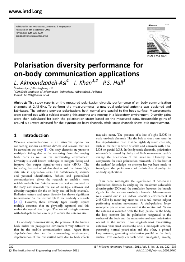 (PDF) Polarisation diversity performance for on-body communication applications
