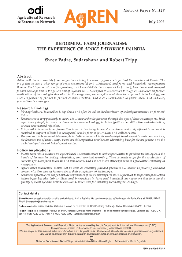 (PDF) Reforming Farm Journalism: The Experience of Adike Pathrike in India