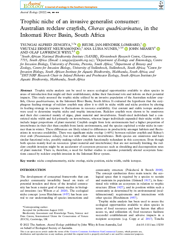 (PDF) Trophic niche of an invasive generalist consumer: Australian ...