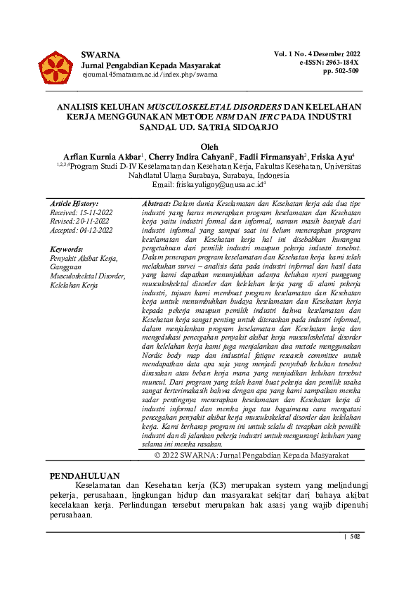 (PDF) Analisis Keluhan Musculoskeletal Disorders Dan Kelelahan Kerja ...