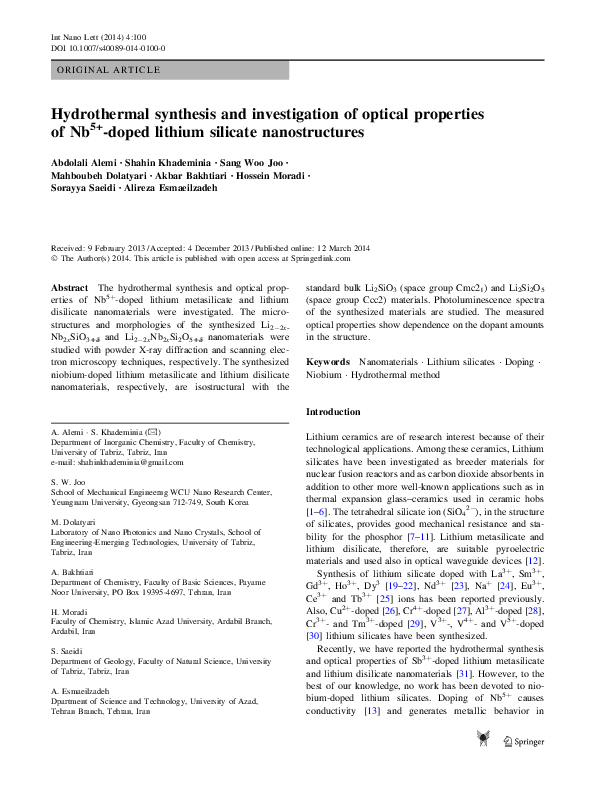 (PDF) Hydrothermal synthesis and investigation of optical properties of Nb5+-doped lithium ...
