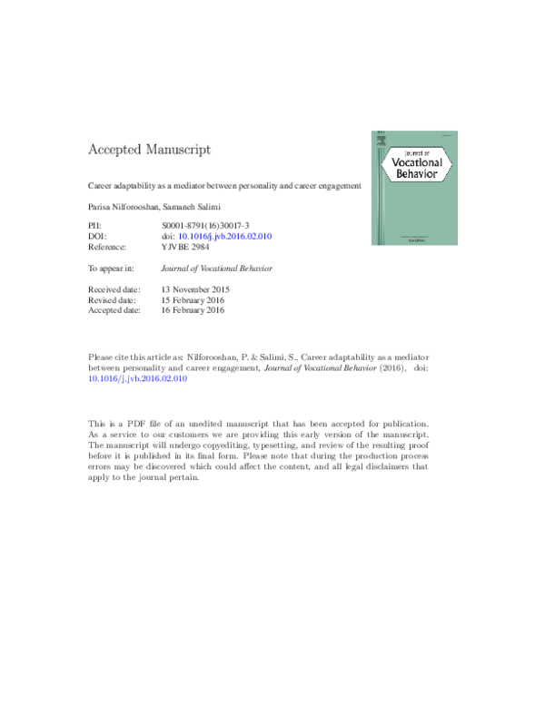 (PDF) Career adaptability as a mediator between personality and career ...