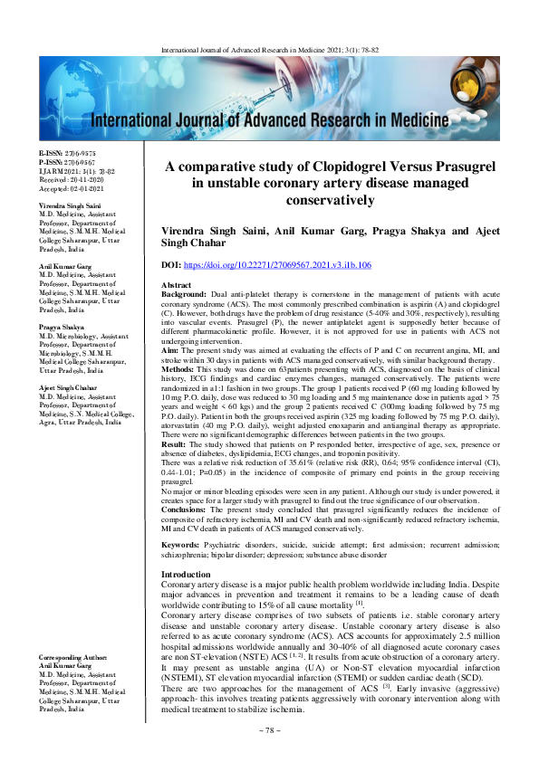 (PDF) A comparative study of Clopidogrel Versus Prasugrel in unstable ...