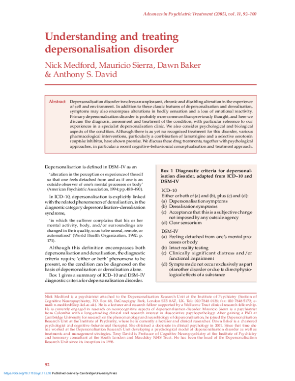 (PDF) Understanding and treating depersonalisation disorder