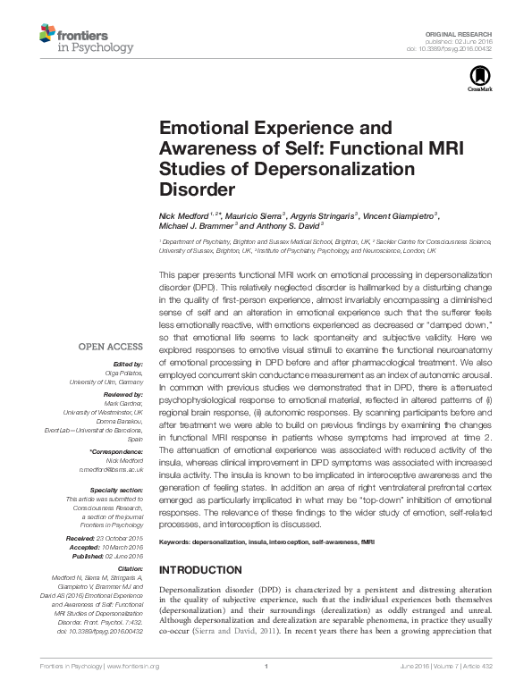 (PDF) Emotional Experience and Awareness of Self: Functional MRI ...