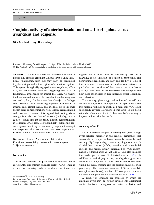 (PDF) Conjoint activity of anterior insular and anterior cingulate cortex: awareness and response