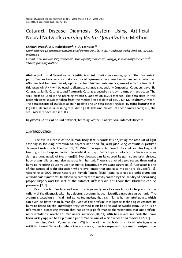 (PDF) Cataract Disease Diagnosis System Using Artificial Neural Network Learning Vector ...