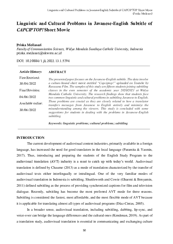 (PDF) Linguistic and Cultural Problems in Javanese-English Subtitle of ...