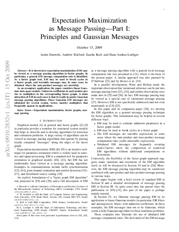 Pdf Expectation Maximization As Message Passing Part I Principles And Gaussian Messages