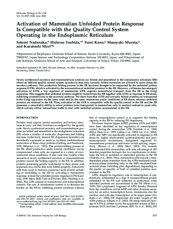(PDF) Activation of Mammalian Unfolded Protein Response Is Compatible with the Quality Control ...