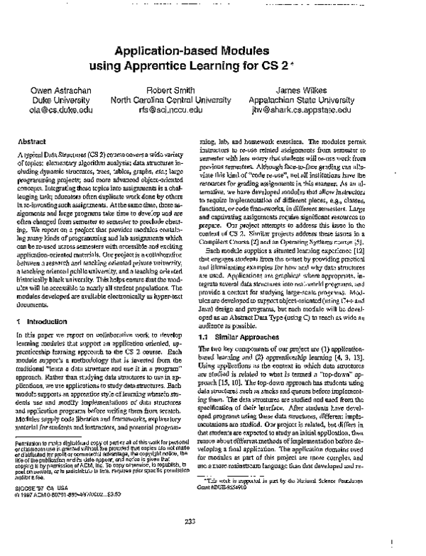(PDF) Application-based modules using apprentice learning for CS 2