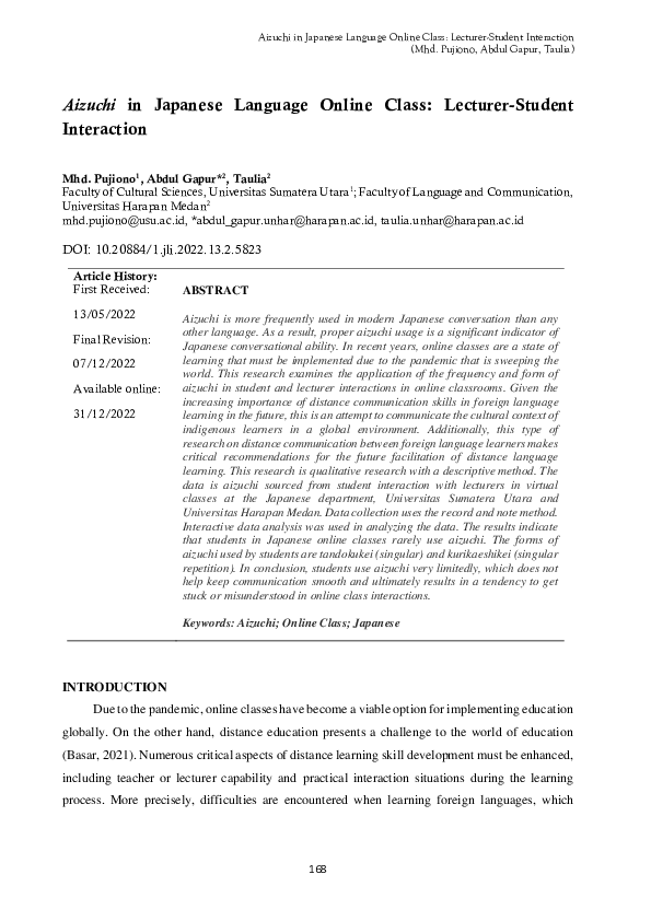 (PDF) Aizuchi in Online Japanese Language Classes