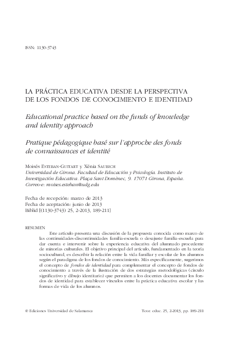 (PDF) La práctica educativa desde la perspectiva de los fondos de conocimiento e identidad