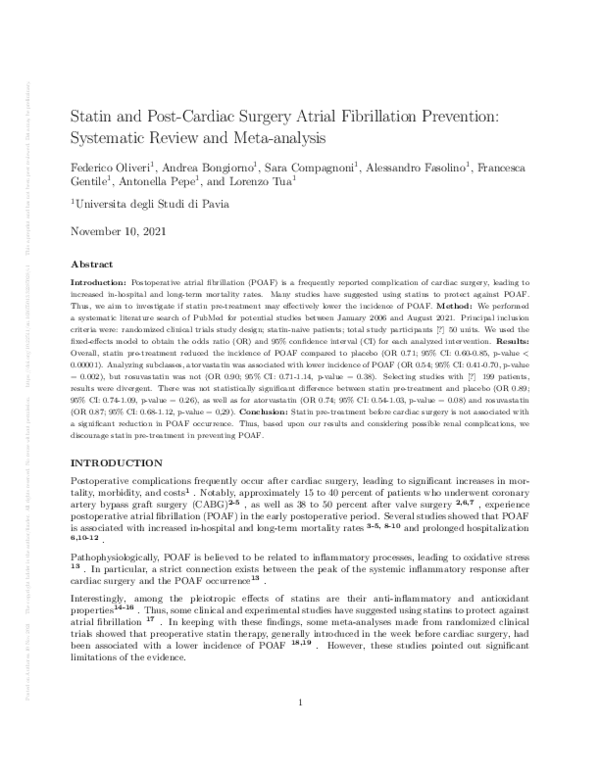 (PDF) Statin and Post-Cardiac Surgery Atrial Fibrillation Prevention: Systematic Review and Meta ...