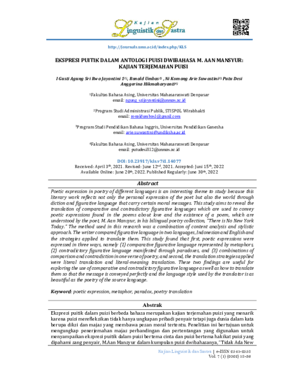 (PDF) Ekspresi Puitik Dalam Antologi Puisi Dwibahasa M.AAN Mansyur: Kajian Terjemahan Puisi