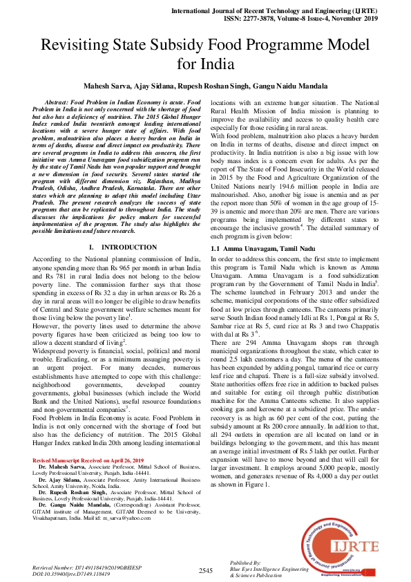 (PDF) Revisiting State Subsidy Food Programme Model for India