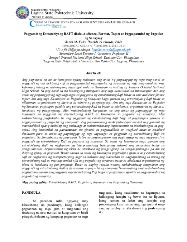 (DOC) Paggamit NG Estratehiyang Raft (Role, Audience, Format, Topic at ...