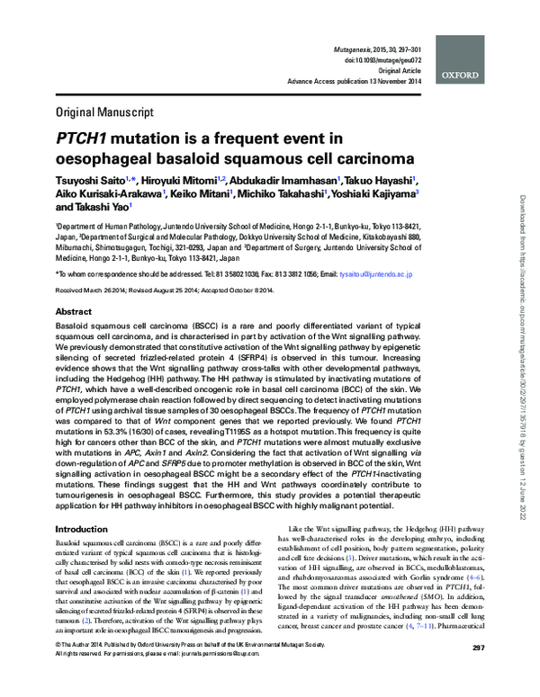 (PDF) PTCH1 mutation is a frequent event in oesophageal basaloid ...