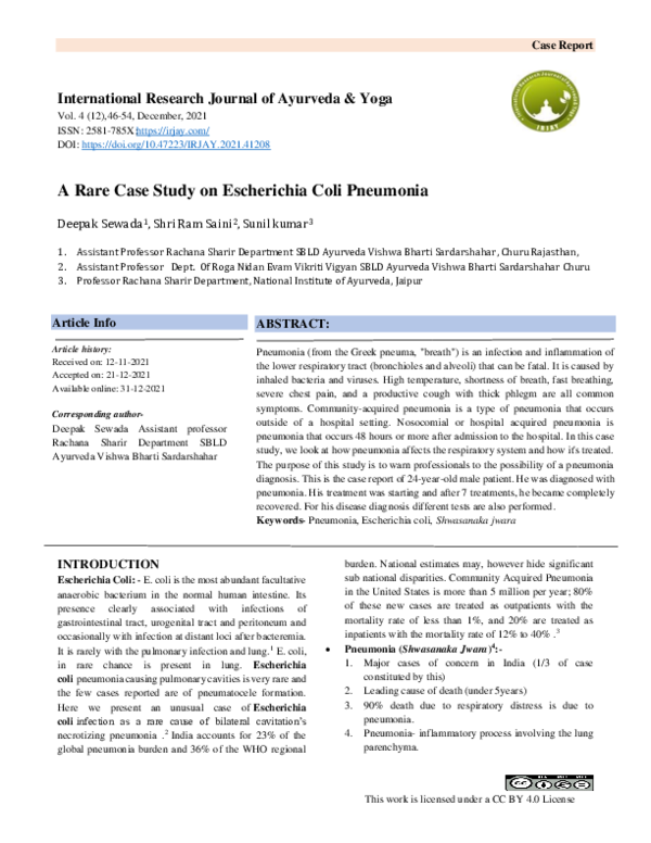 (PDF) A Rare Case Study on Escherichia Coli Pneumonia