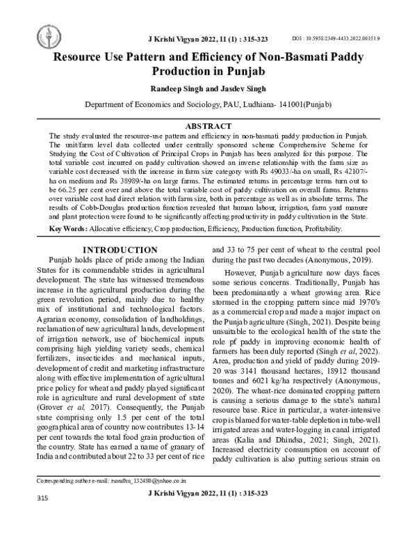 (PDF) Resource Use Pattern and Efficiency of Non-Basmati Paddy Production in Punjab