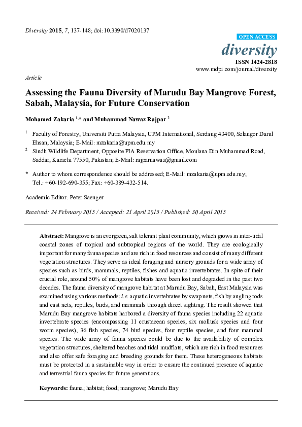 (PDF) Assessing the Fauna Diversity of Marudu Bay Mangrove Forest ...
