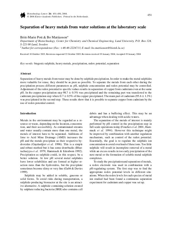 (PDF) Separation of heavy metals from water solutions at the laboratory ...