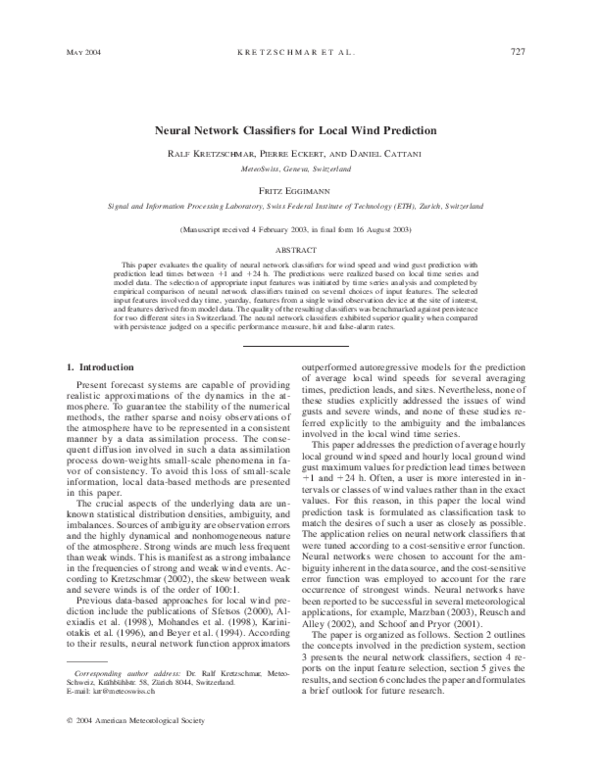 (PDF) Neural Network Classifiers for Local Wind Prediction