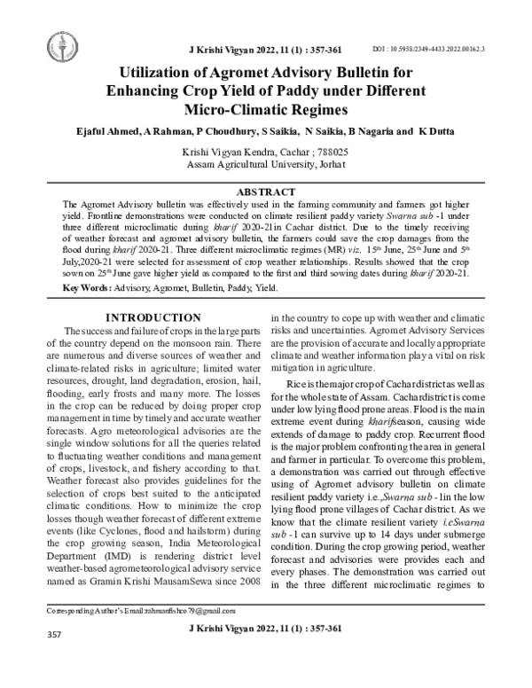 (PDF) Utilization of Agromet Advisory Bulletin for Enhancing Crop Yield ...